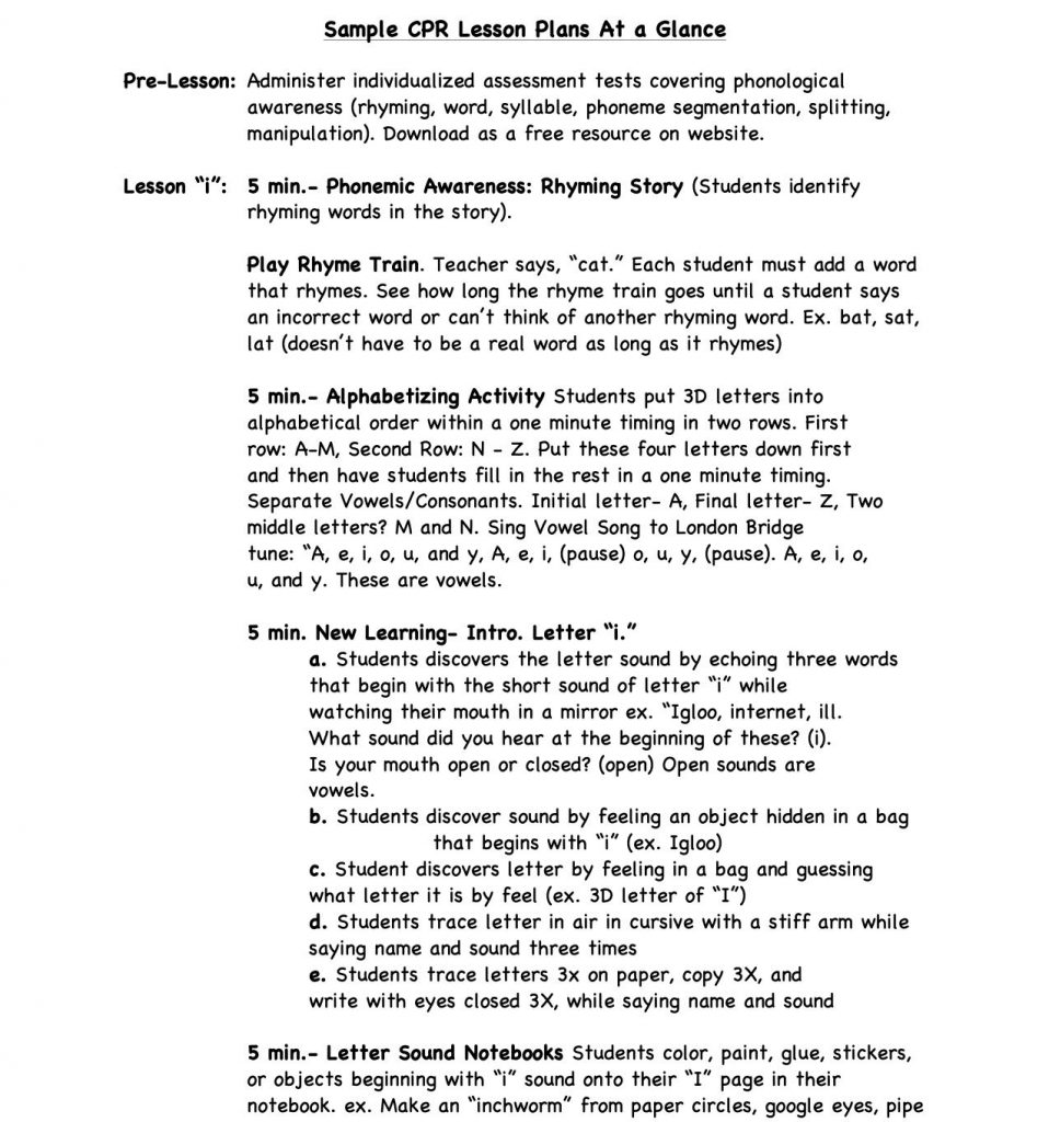 SAMPLE CPR LESSON PLANS AT A GLANCE – Creative Products 4 Reading